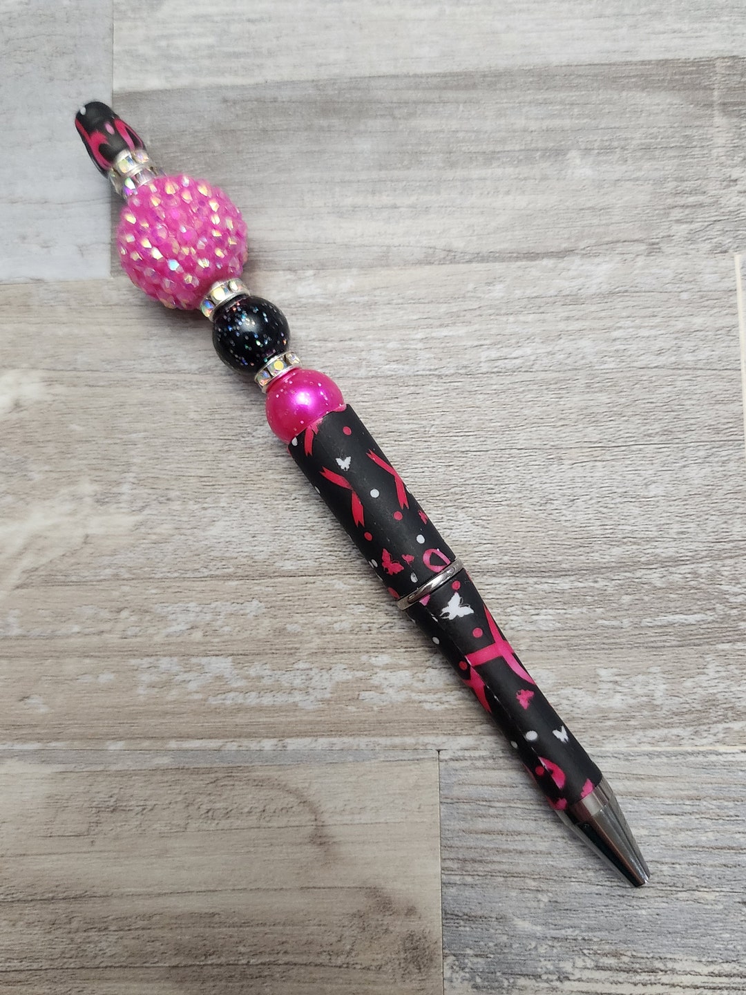 Beaded Breast Cancer Pen, Black With Pink Ribbon and Polka Dots ...