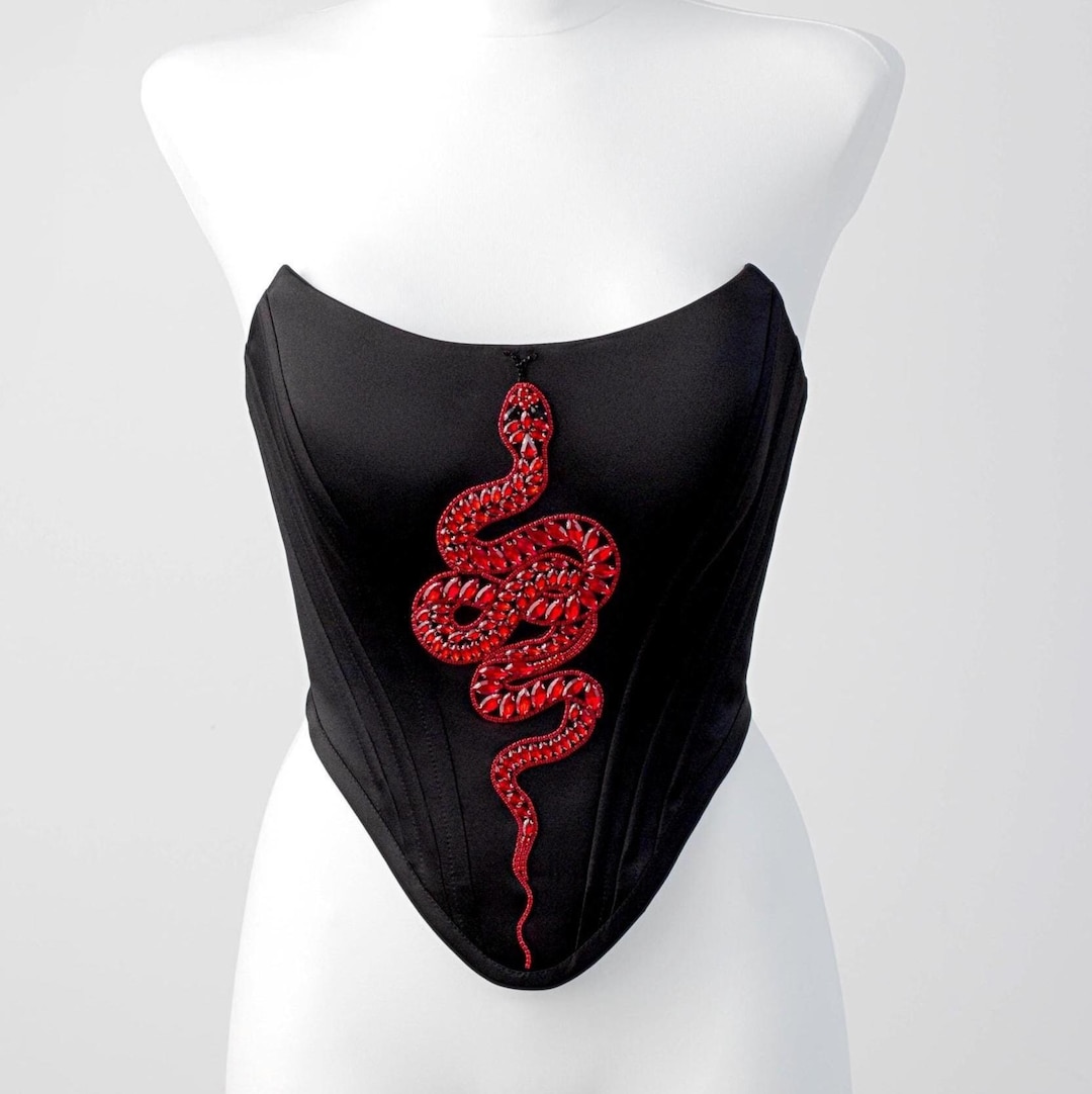 Black Satin Corset Top, Red Snake Embroidery, Gothic Glam Bustier - Etsy
