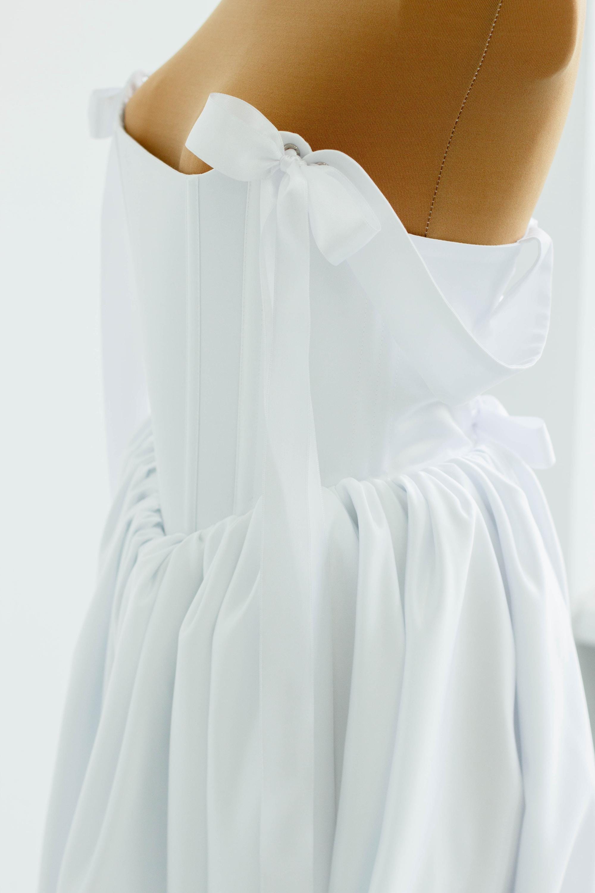 White Corset Wedding Dress, Minimalist Satin Bridal Gown, Basque Waist ...