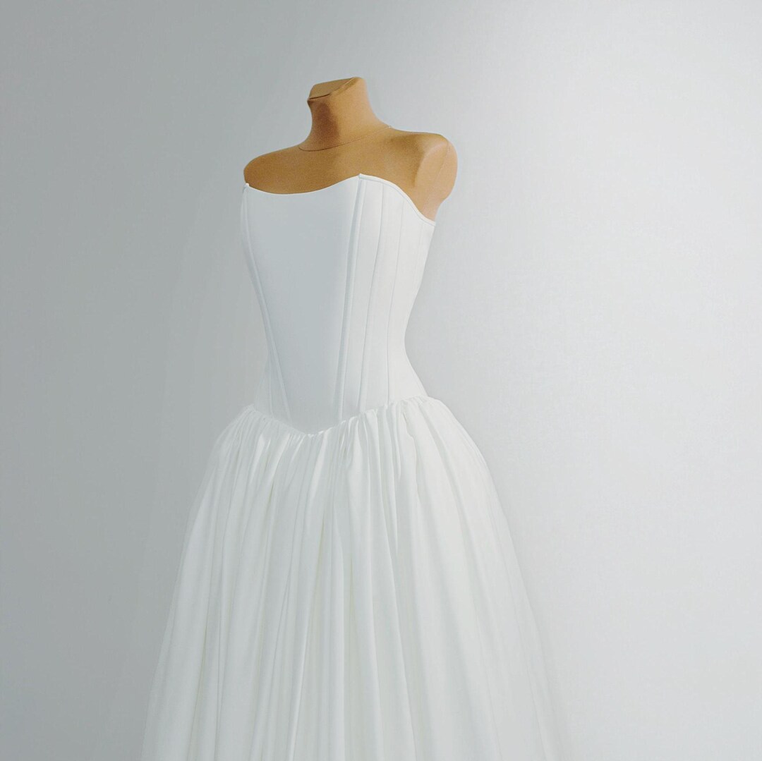 Custom Silk Corset Wedding Dress With Flowing Skirt, Basque Waist ...
