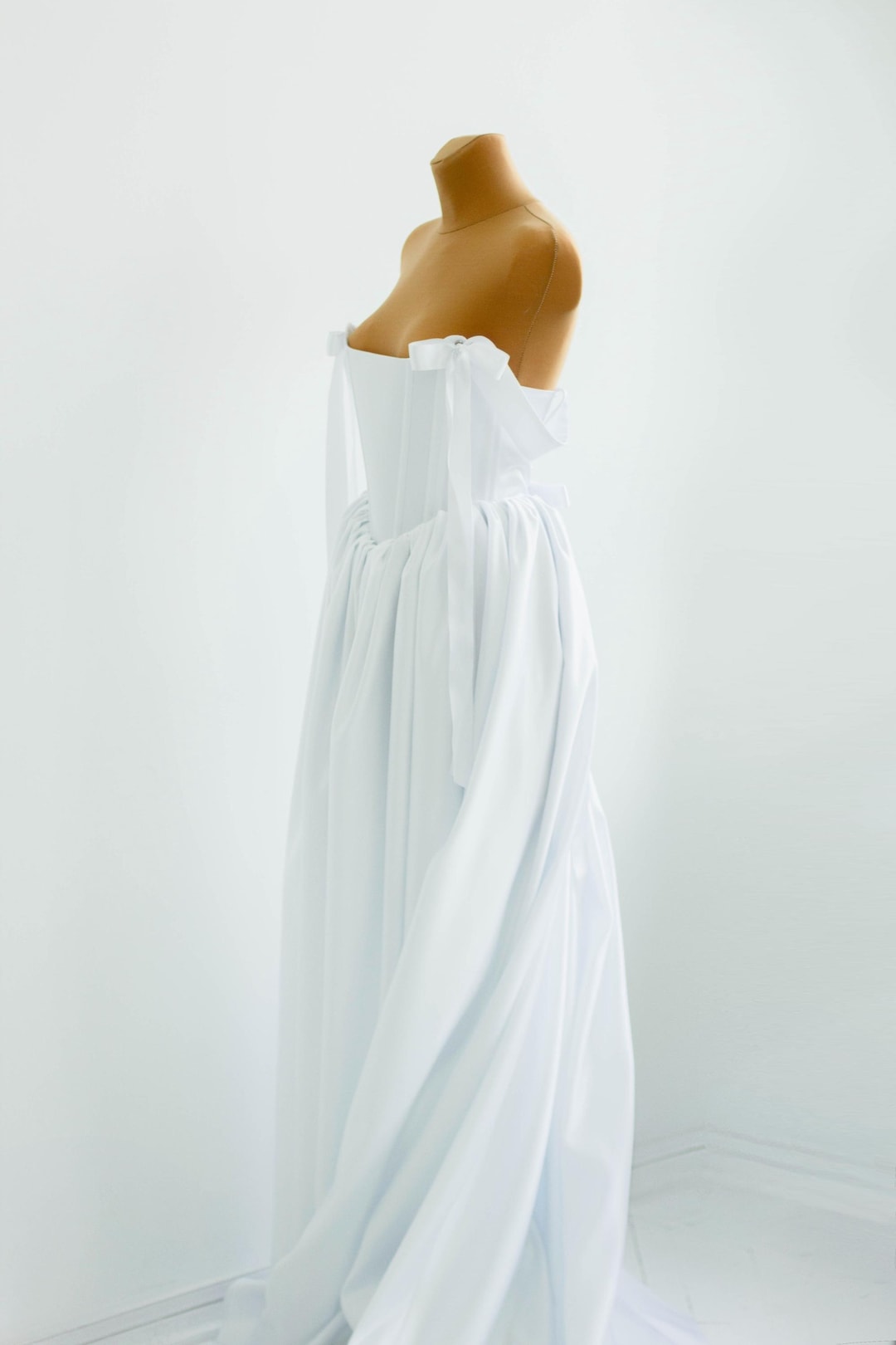 White Corset Wedding Dress, Minimalist Satin Bridal Gown, Basque Waist ...