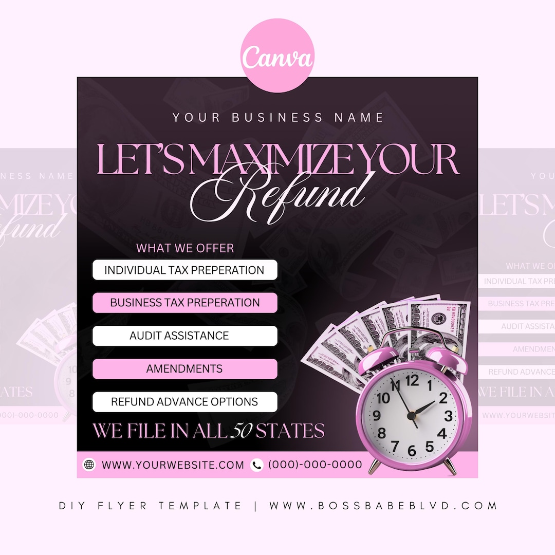 Pink Tax Prep DIY Flyer Template: Maximize Your Refund (edit in Canva ...
