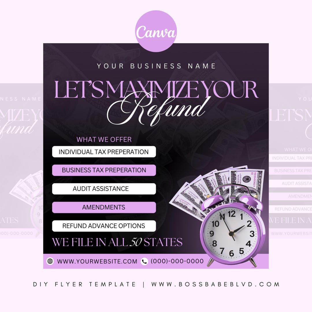 Purple Tax Preparation DIY Flyer Template: Maximize Your Refund (edit ...