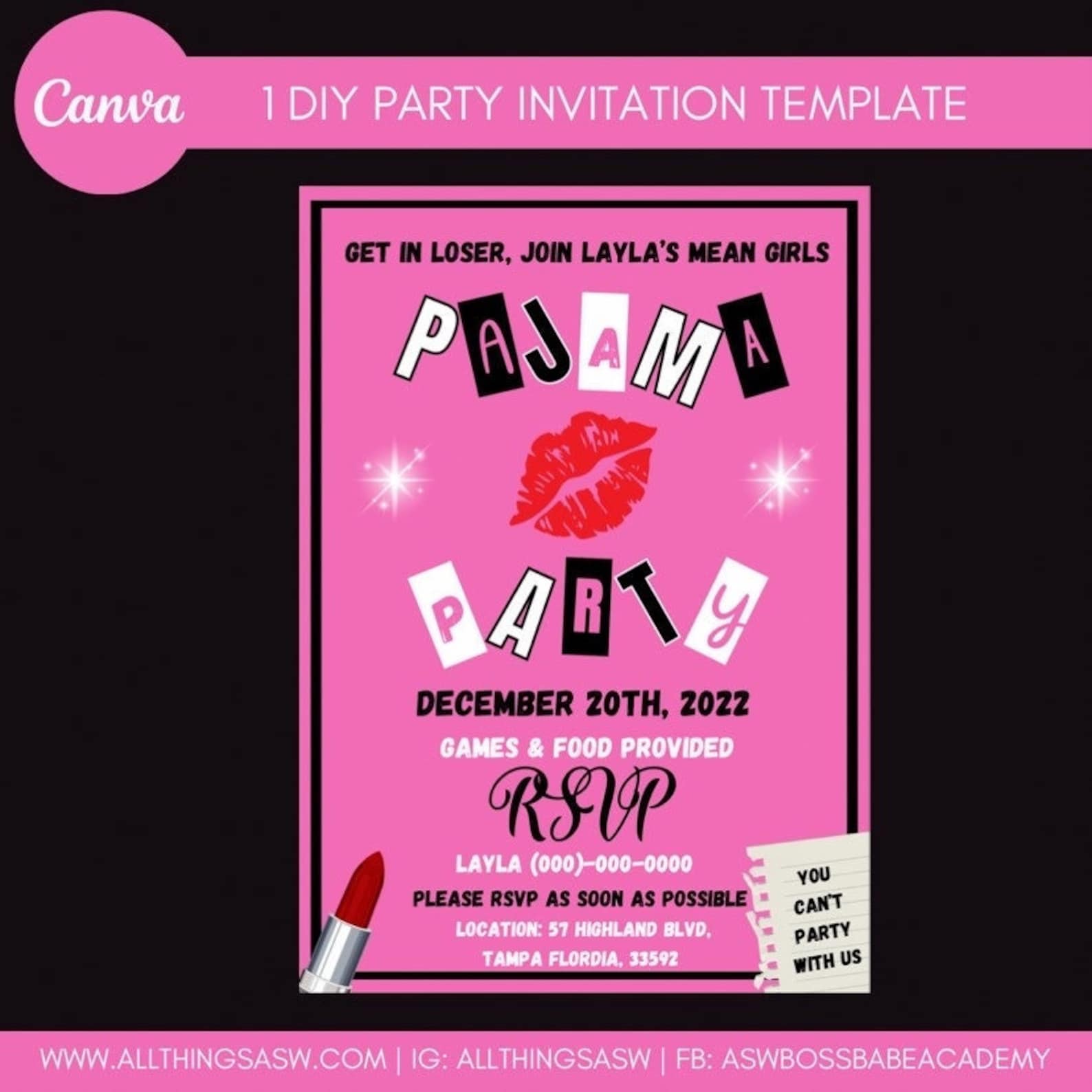 Mean Girls Party Invitation, Burn Book, Mean Girls Birthday Party, Mean ...