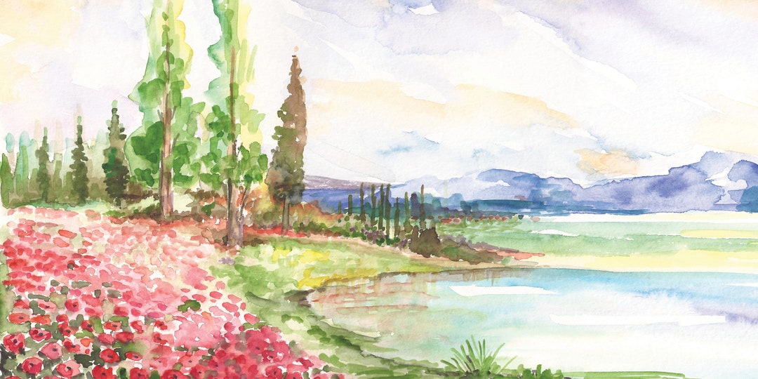 Watercolor Landscape With Cypress Trees, Lake and Poppy Flowers, Hand ...