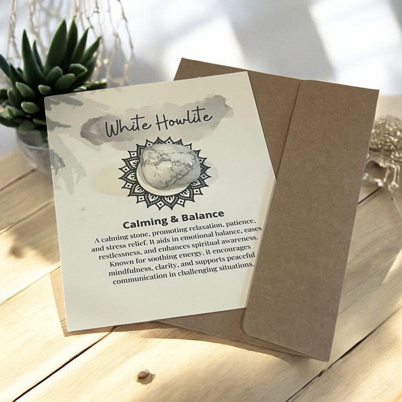 White Howlite Crystal Meaning Card With Tumbled Stone: Meditation Aid ...