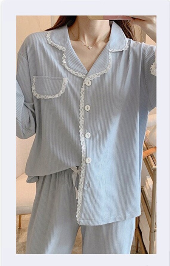 Cozy Pure Cotton Lacy Pajamas Set / Long Sleeve Pajama | Etsy