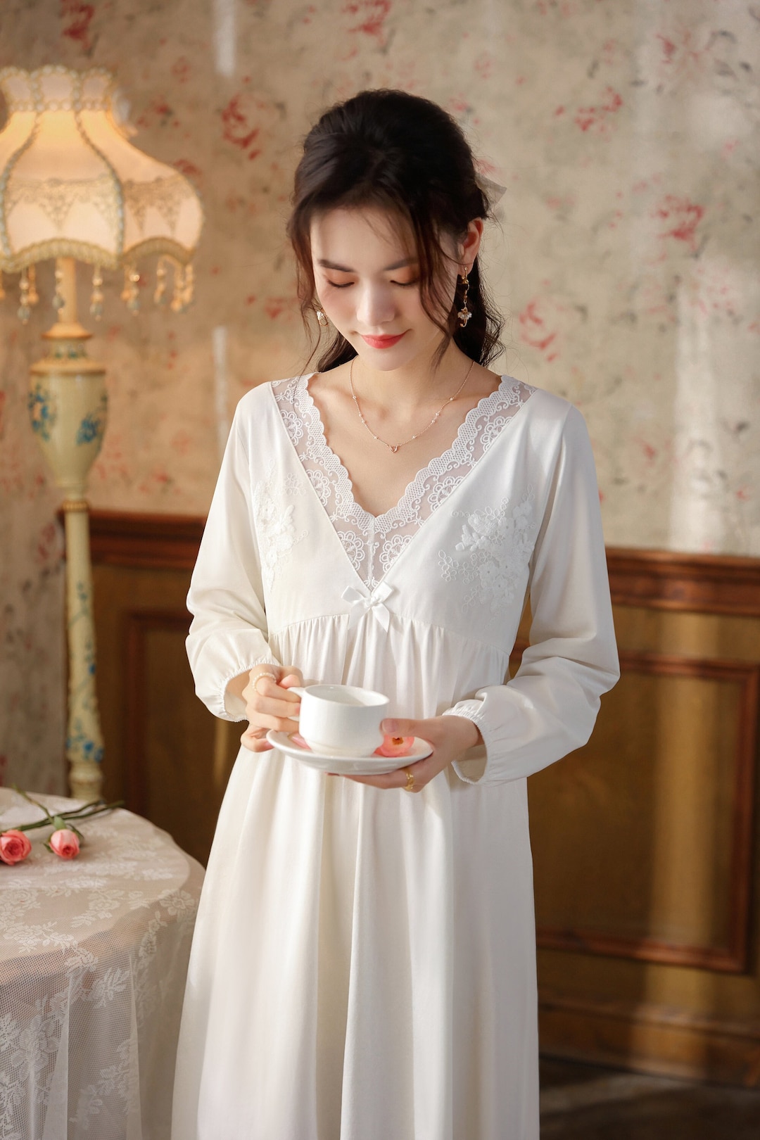 Bridesmaid PJ Dress/100% Cotton Pajamas Dress/elegant Lacy PJ Dress/v ...