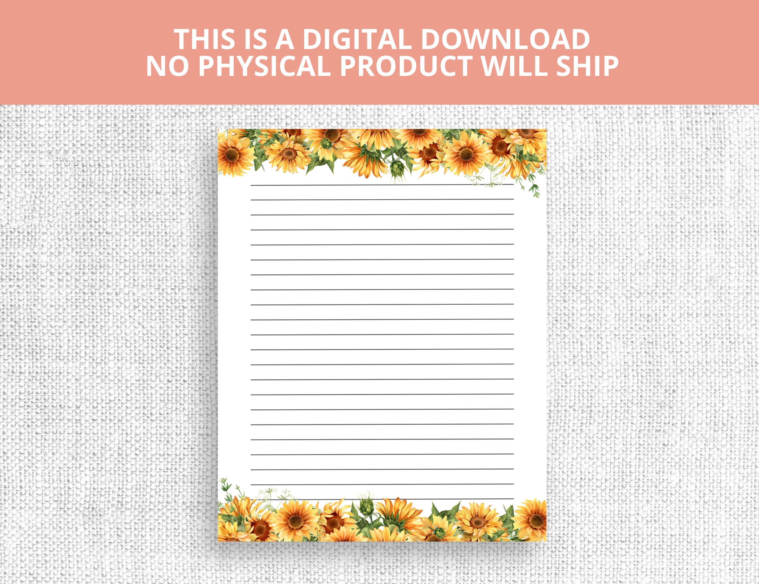 Printable Sunflower Stationary for Women, Lined Stationary - Etsy
