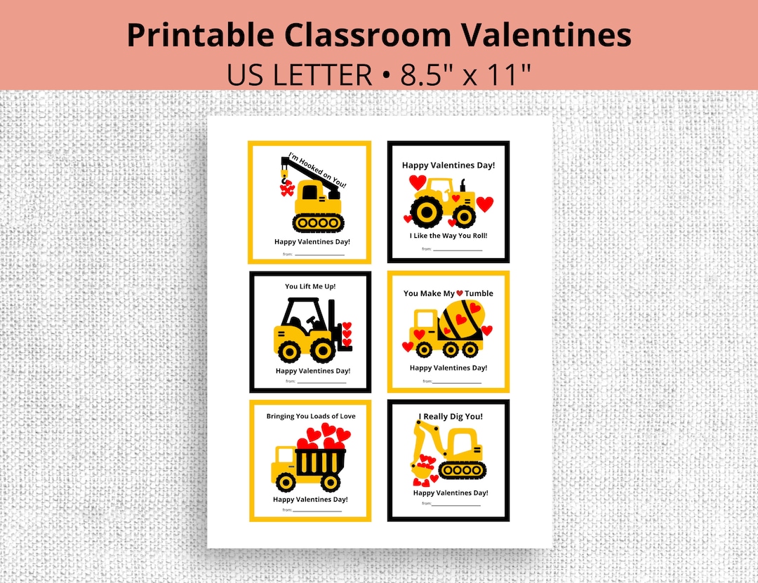 Printable Classroom Valentine Cards, Construction Theme Valentines for ...