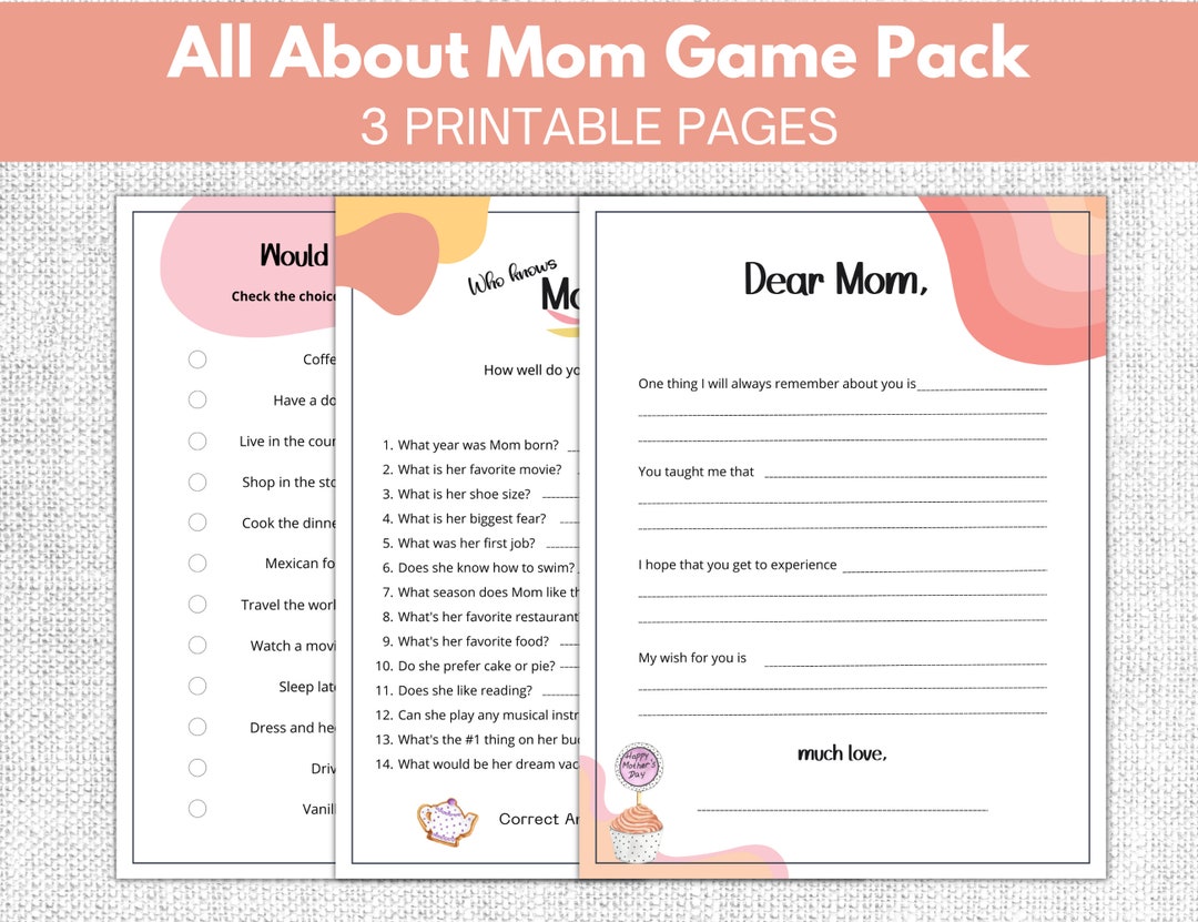 Printable Mothers Day Game Pack, All About Mom Games - Etsy