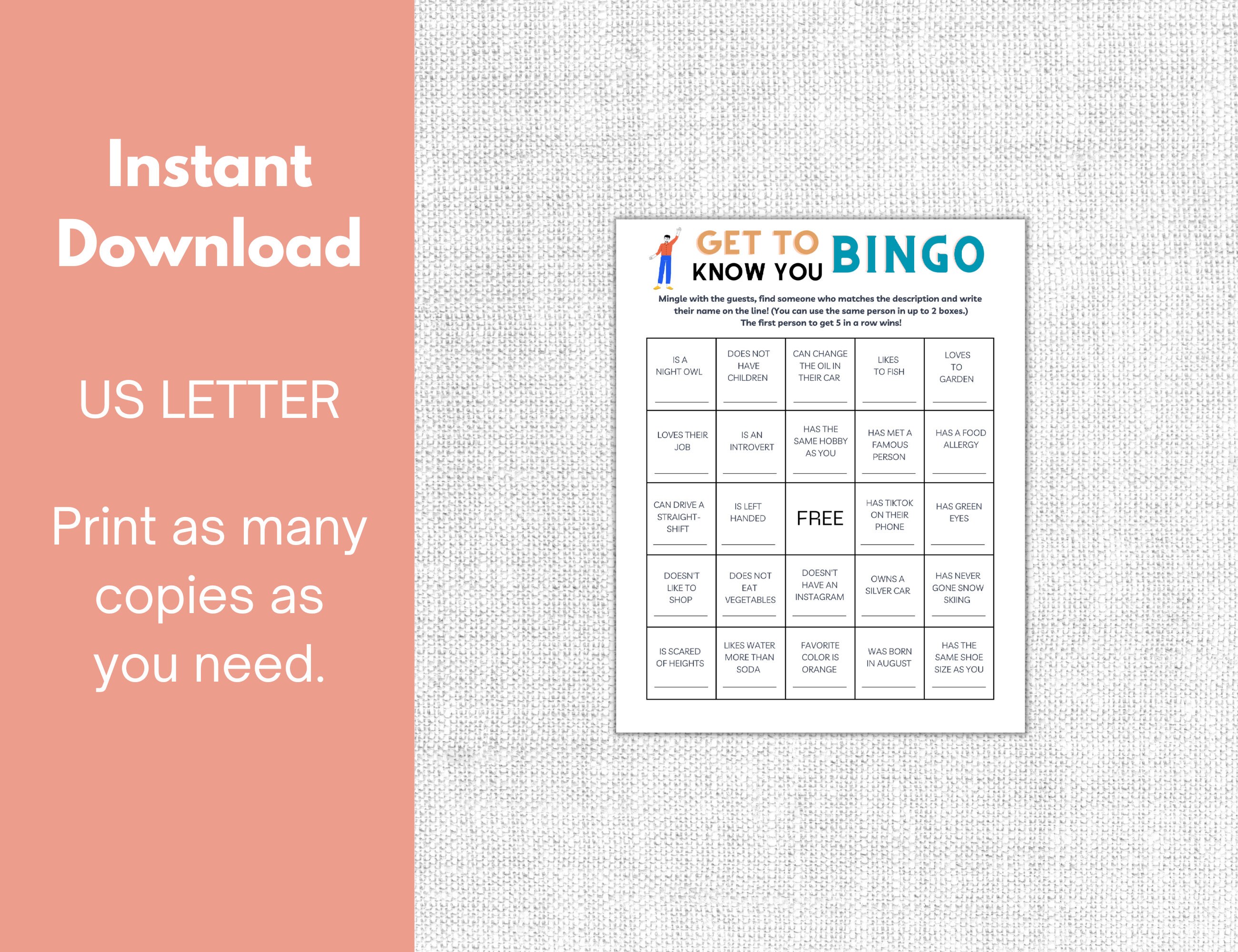 Get to Know You Human Bingo Game, Printable Party Game - Etsy