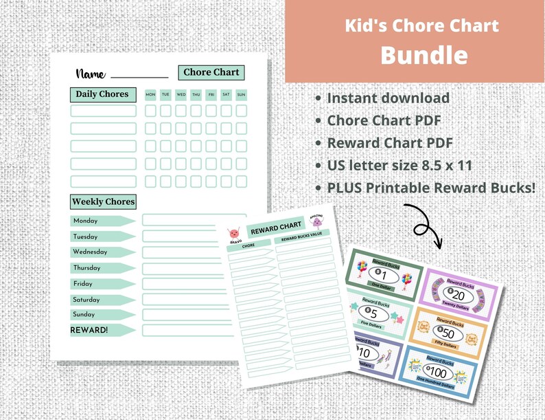 Printable Chore Chart for Kids With Reward Bucks - Etsy