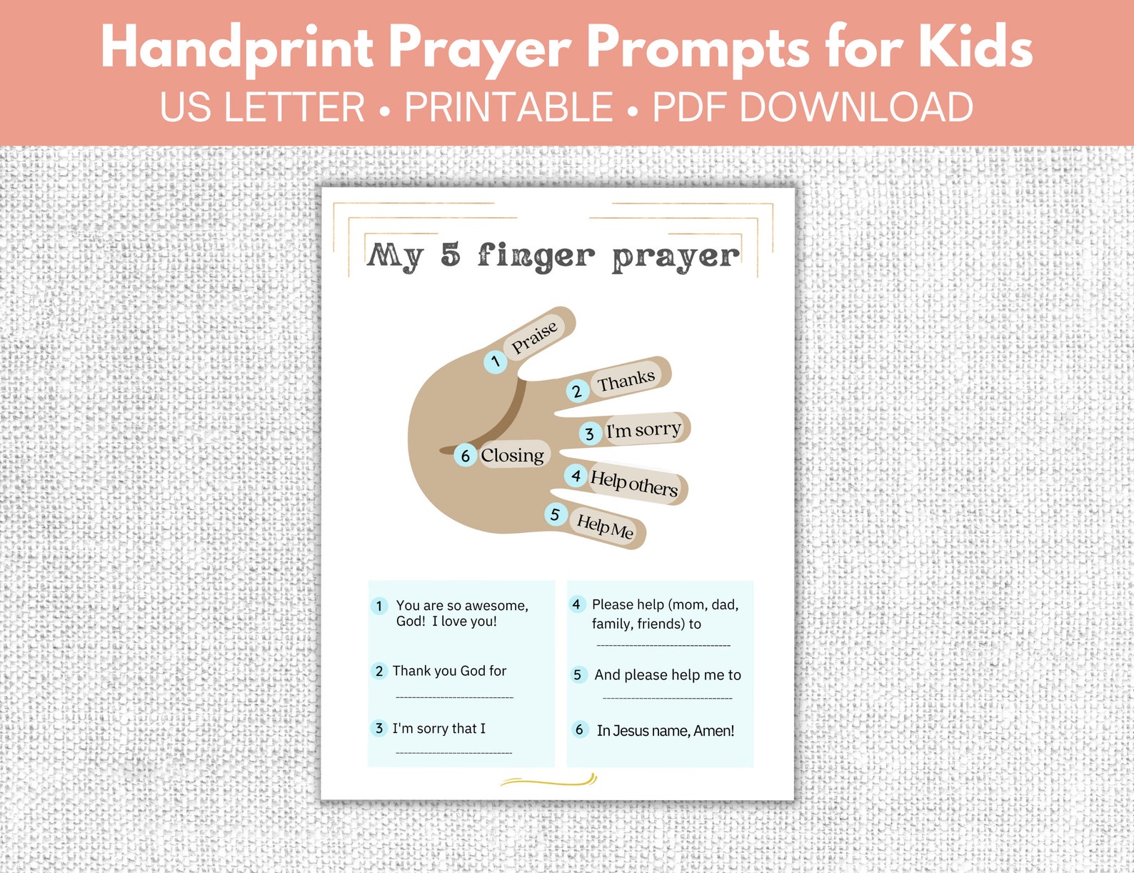5 Finger Prayer Prompts for Kids: Handprint Printable (PDF) - Etsy