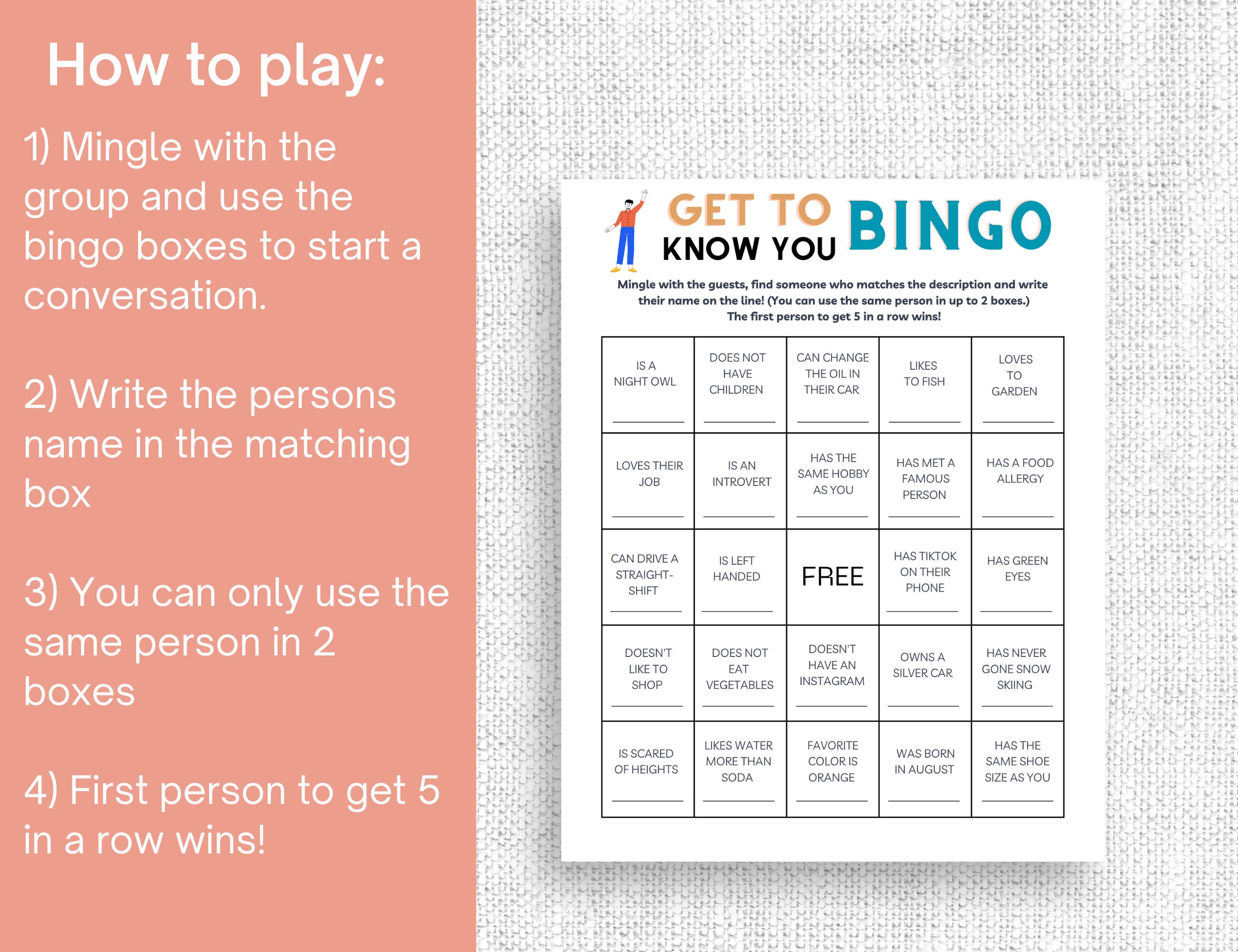 Get to Know You Human Bingo Game, Printable Party Game - Etsy