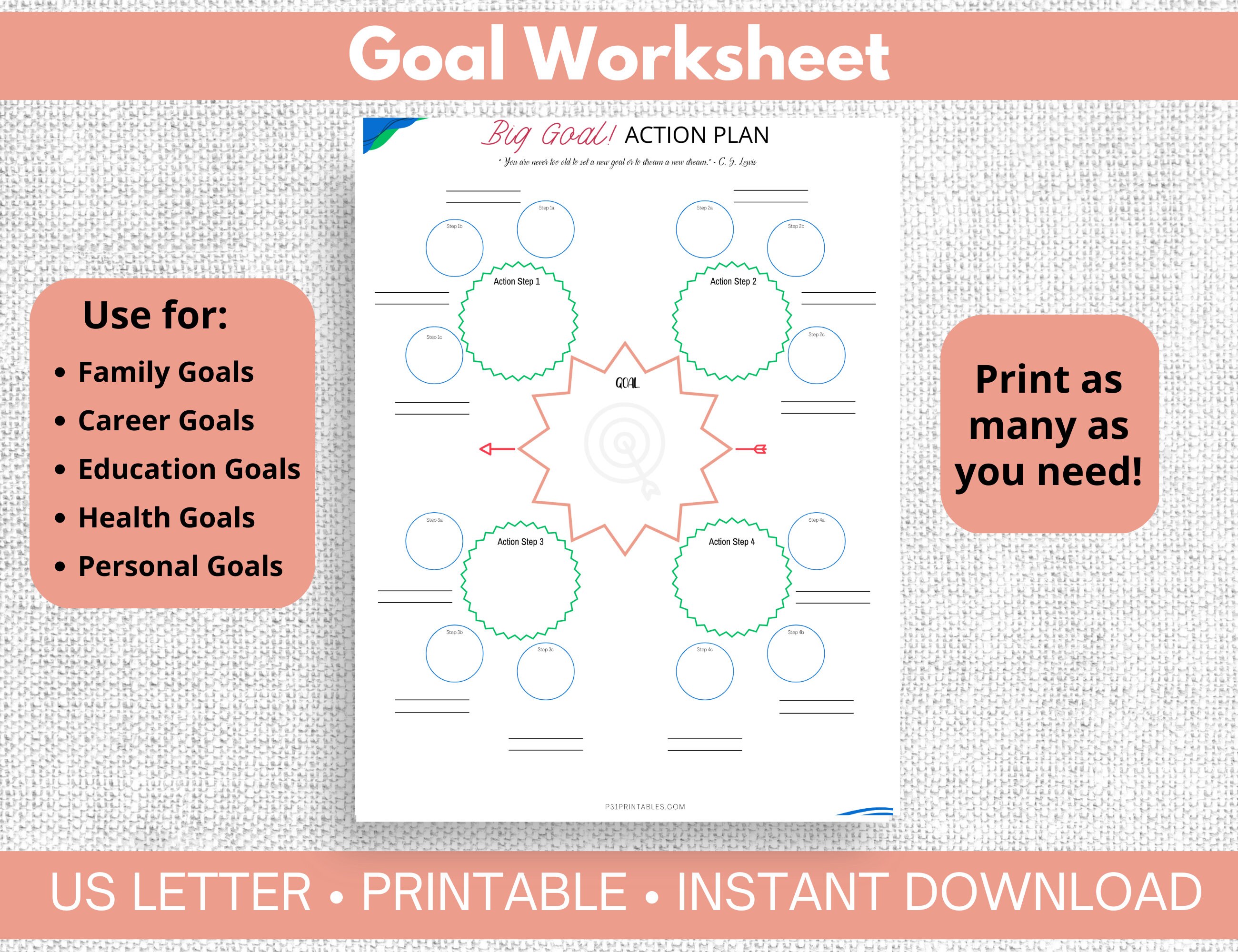 Goal Planner Printable, Goal Setting, Action Plan Worksheet - Etsy
