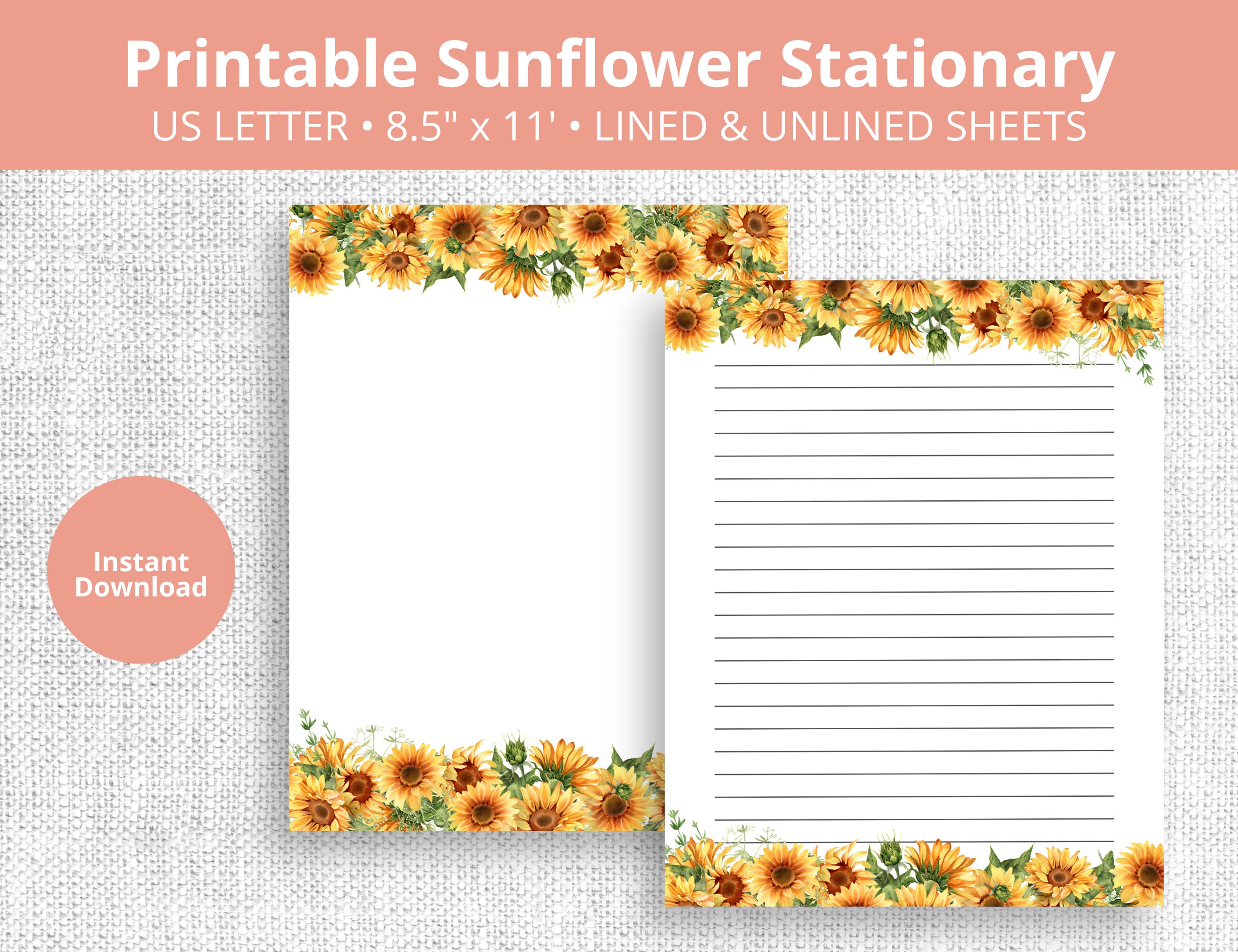 Printable Sunflower Stationary for Women, Lined Stationary - Etsy