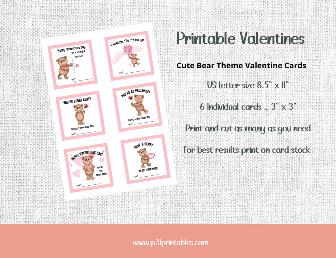 Printable Bear Valentine Cards: Pink Classroom Valentines (PDF) - Etsy
