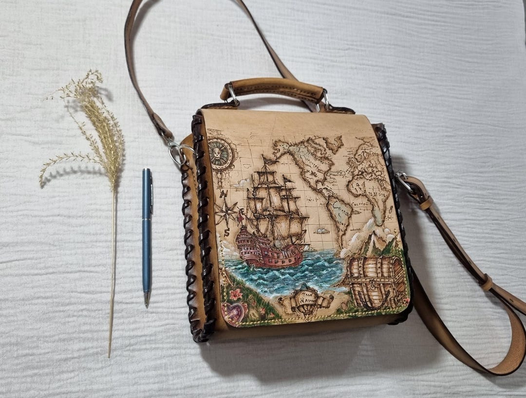 Handmade Leather Treasure Map Bag: Tooled & Burnt Unisex Satchel - Etsy