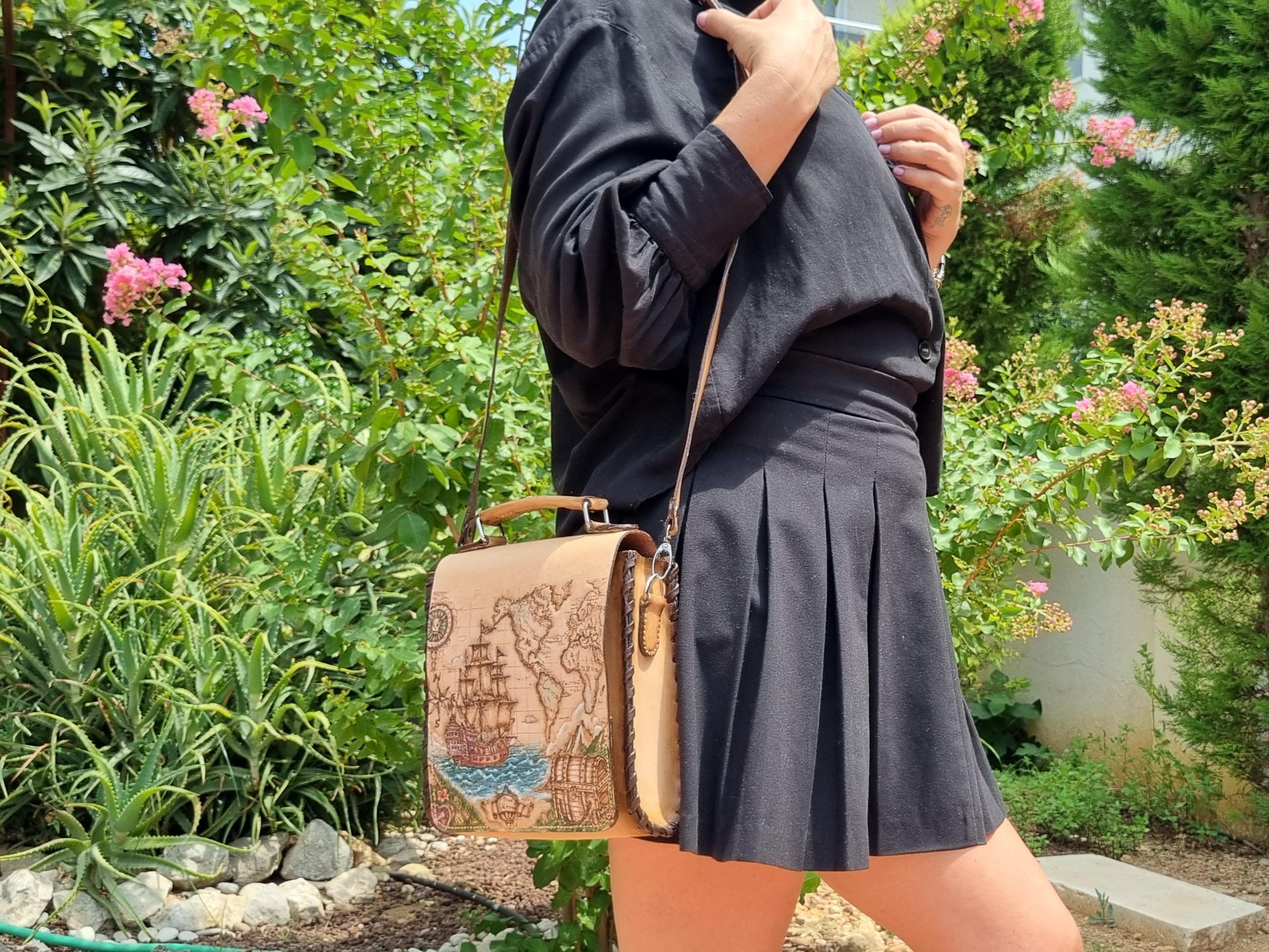 Handmade Leather Treasure Map Bag: Tooled & Burnt Unisex Satchel - Etsy