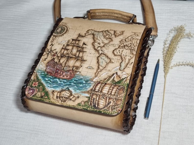 Handmade Leather Treasure Map Bag: Tooled & Burnt Unisex Satchel - Etsy