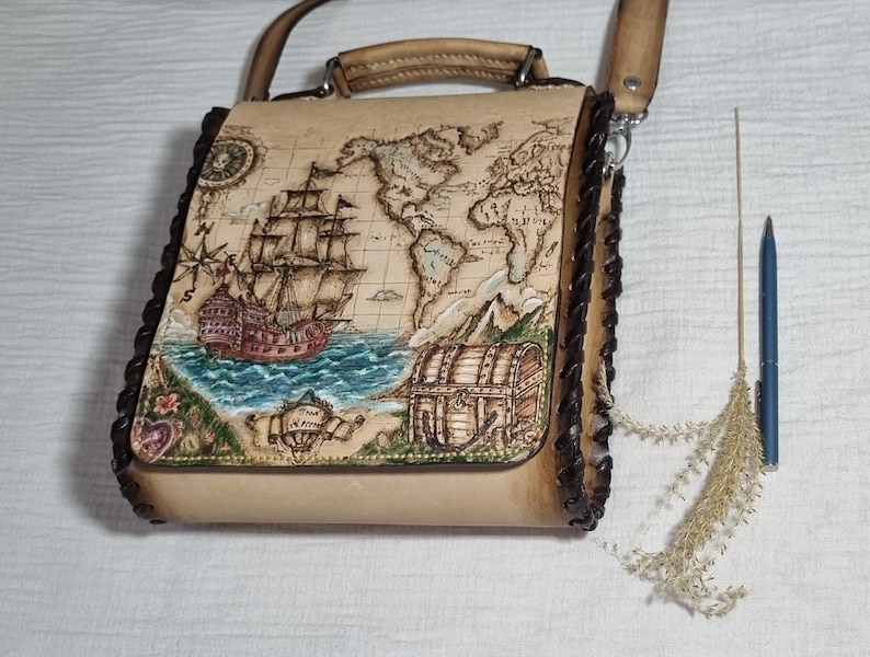 Handmade Leather Treasure Map Bag: Tooled & Burnt Unisex Satchel - Etsy