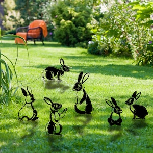 Metal Rabbit Garden Stakes, Steel Rabbit Family Decor, Outdoor Patio ...