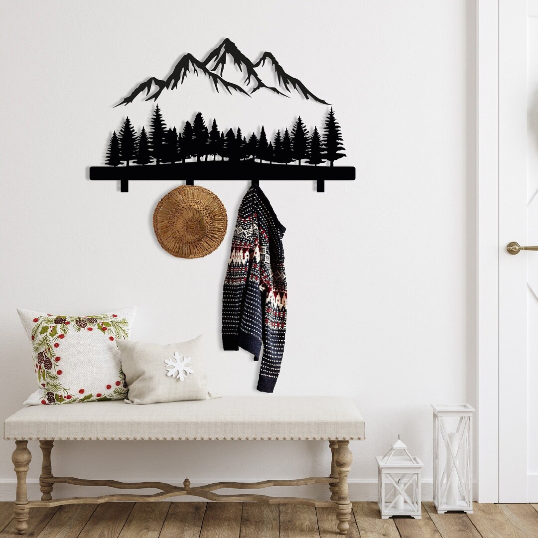 Mountain Themed Metal Wall Coat Rack, Mountain Entryway Organizer ...