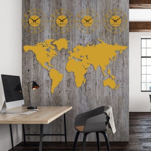 Metal World Map Clocks Wall Art, World Map Office Decor,metal Wall ...