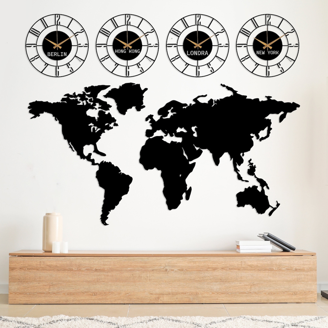 Metal World Map Clocks Wall Art, World Map Office Decor,metal Wall ...