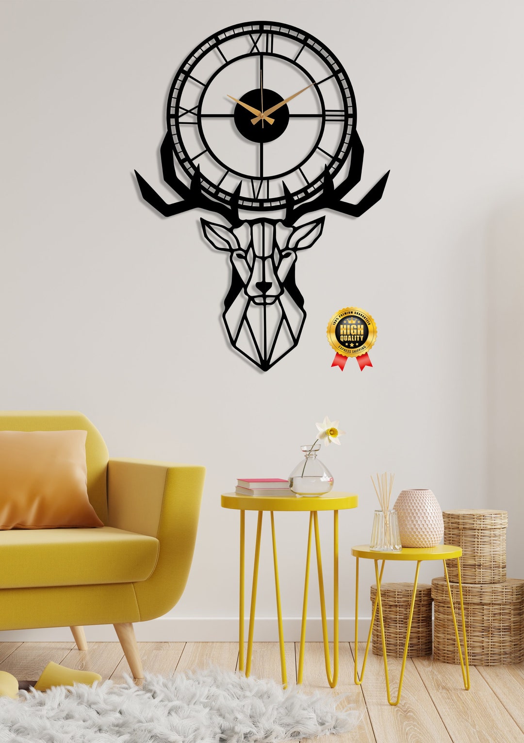 Metal Deer Wall Clock, Silent Oversize Clock, Deer Head Wall Clock ...