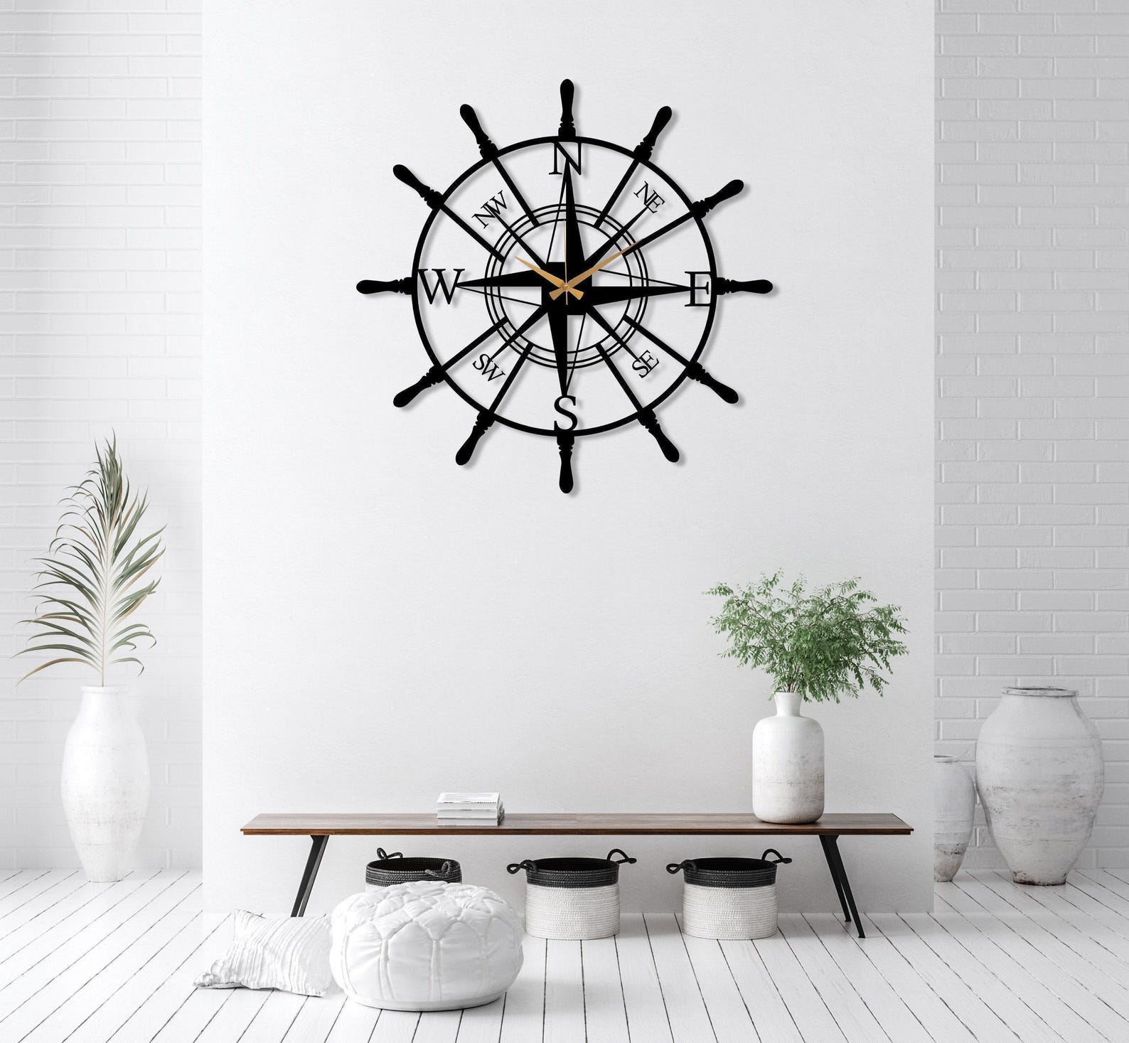 Compass Metal Wall Clock, Black Rudder Nautical Theme Wall Clock ...