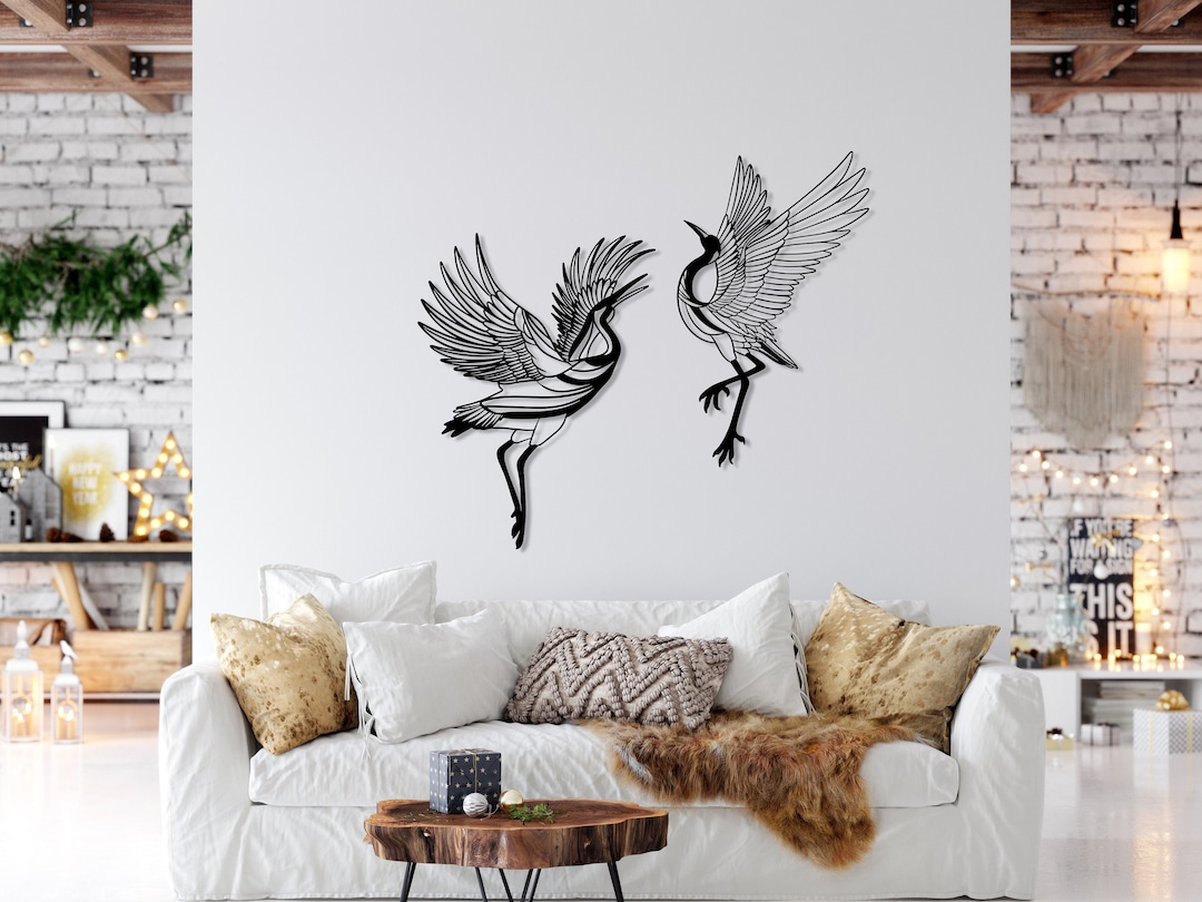 Metal Cranes Wall Art Set of 2, Crane Birds Decor, Unique Living Room ...