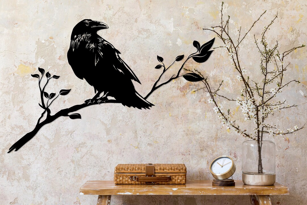Raven on Branch Wall Decor, Metal Crow Wall Art, Birds Sign Art, Bird ...