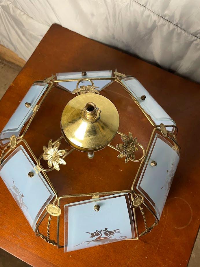 1980s Six Panel Glass Brass Blue Gold Unicorn Design Lampshade Touch ...