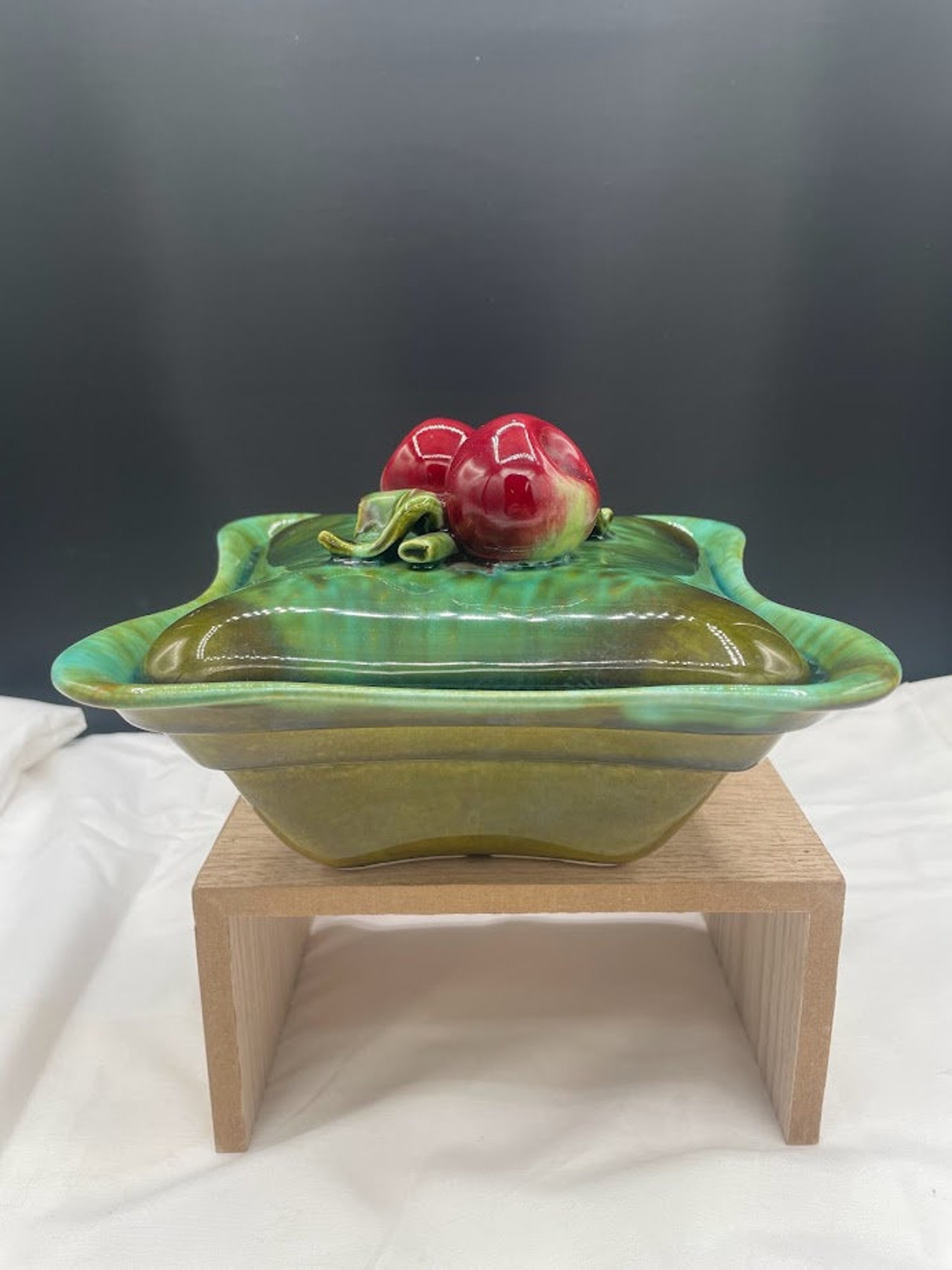 California Pottery Avocado Green Turquoise Drip Glaze Apple Handle ...