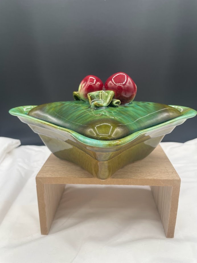 California Pottery Avocado Green Turquoise Drip Glaze Apple Handle ...