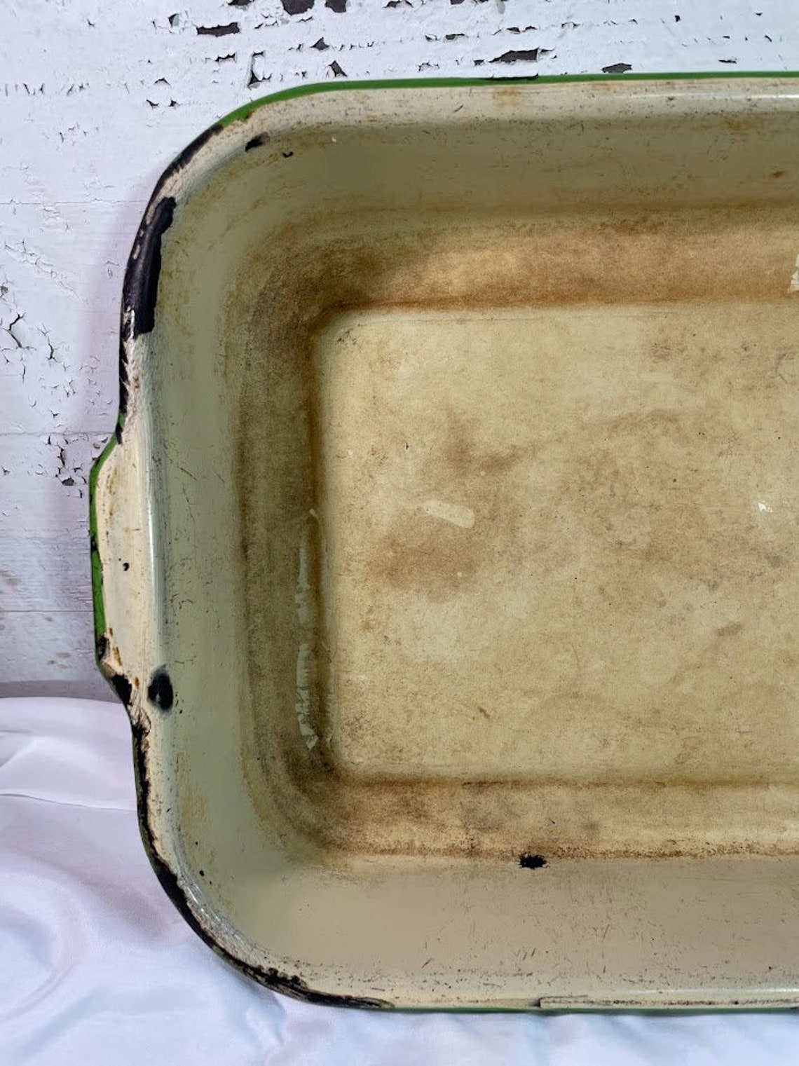 Vintage Beige With Green Trim Enameled Shallow Rectangle Pan Dish Heavy ...