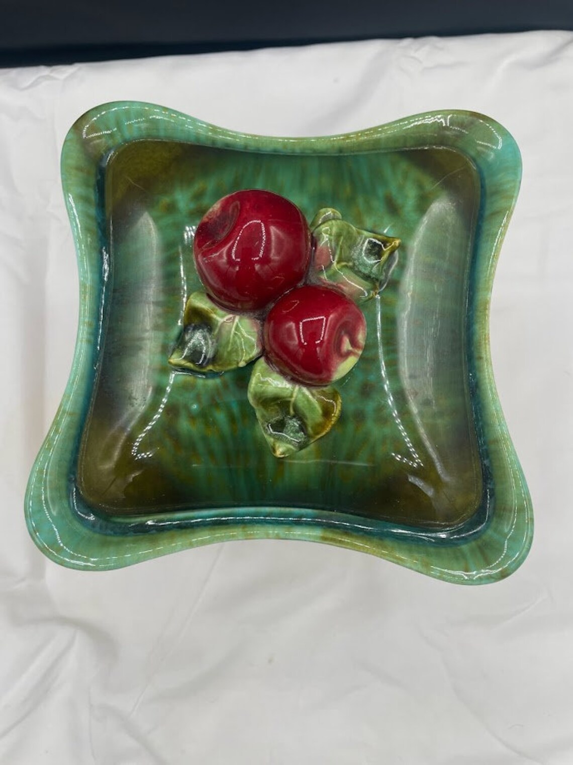 California Pottery Avocado Green Turquoise Drip Glaze Apple Handle ...