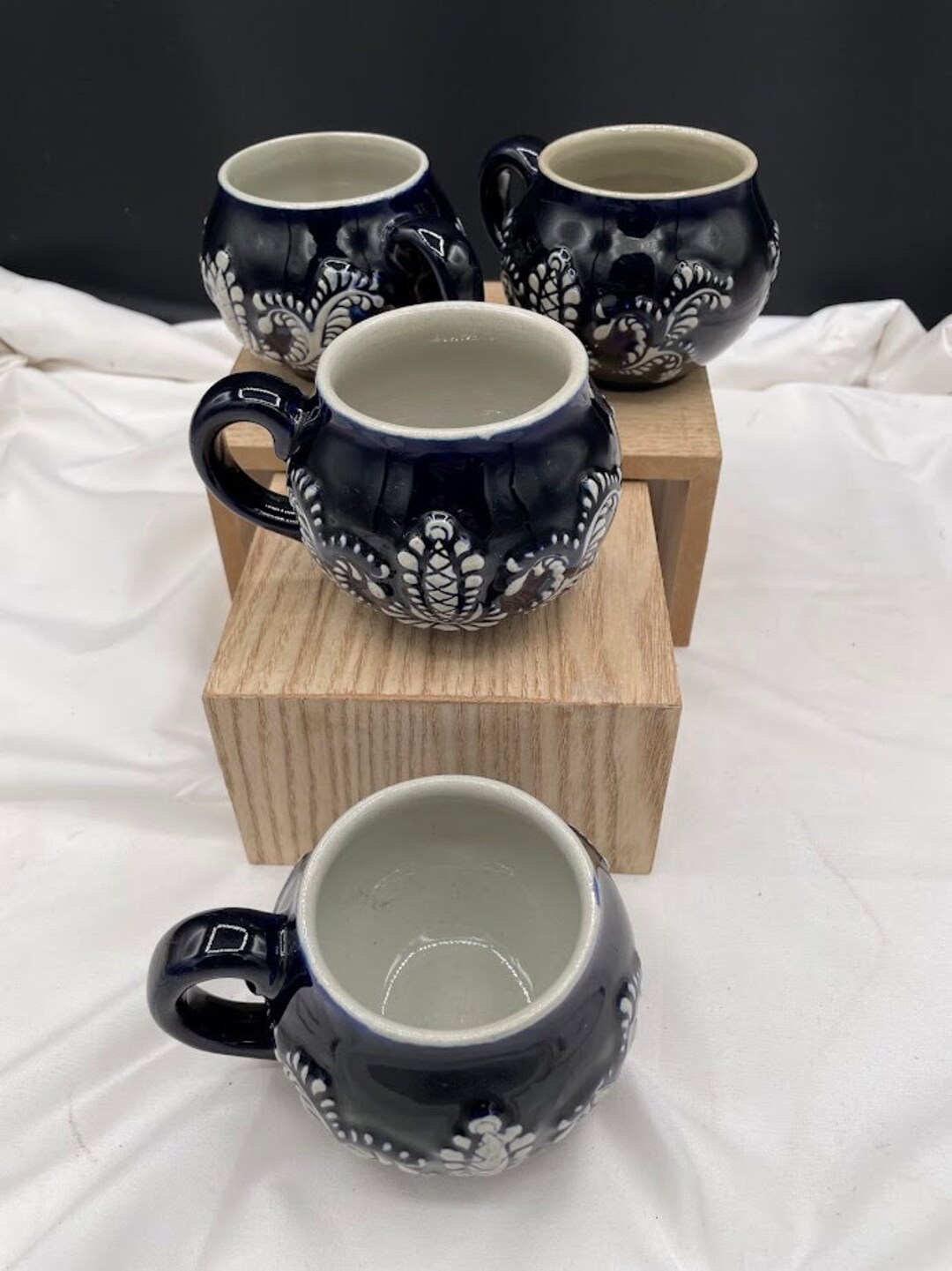 Set of 4 Wick-werke Germany Cobalt Blue Mugs Cups Floral Leaves ...