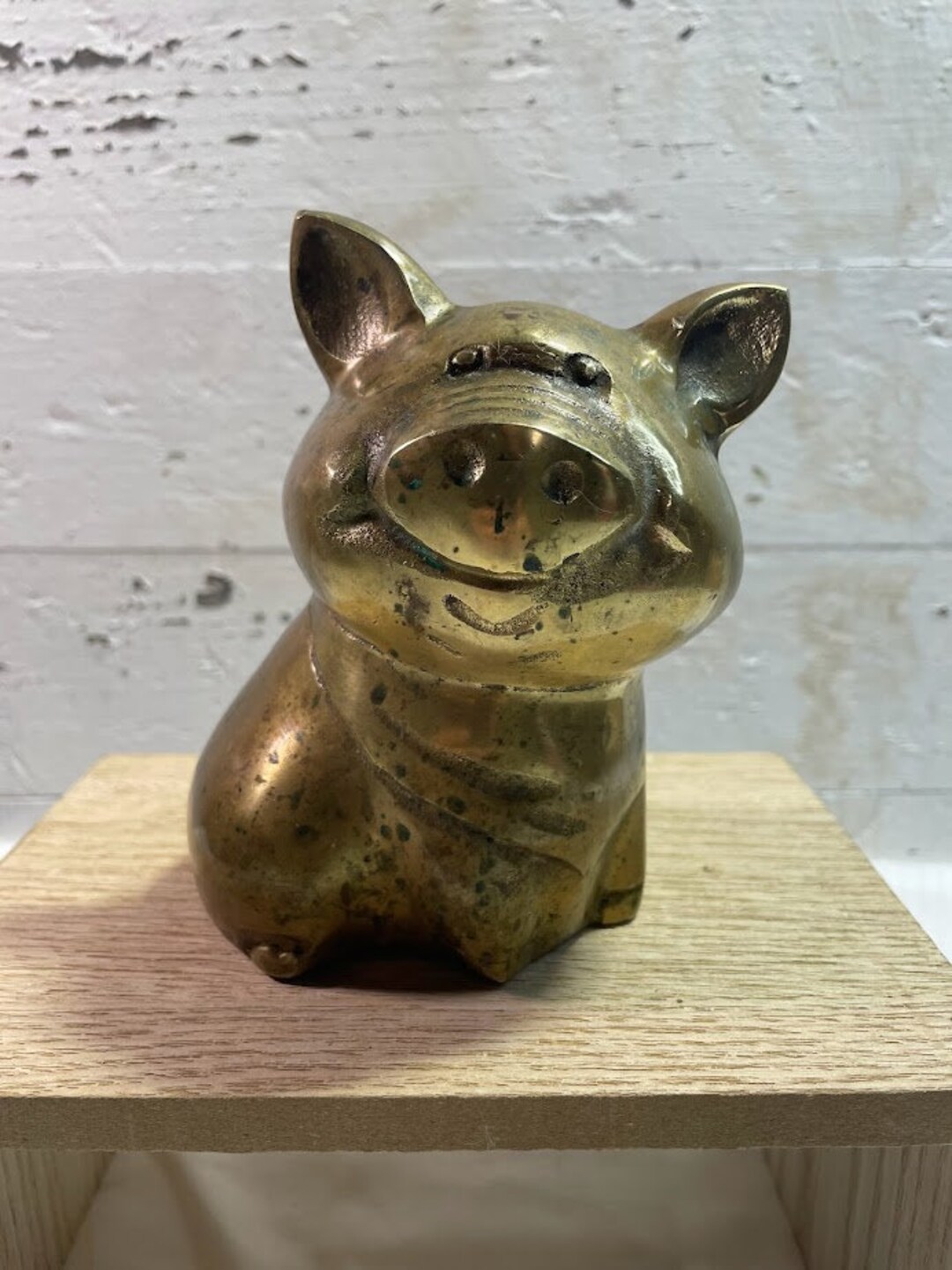 Brass Smiling Sitting Happy Pig Piggy Bank Figurine Some Tarnish ...