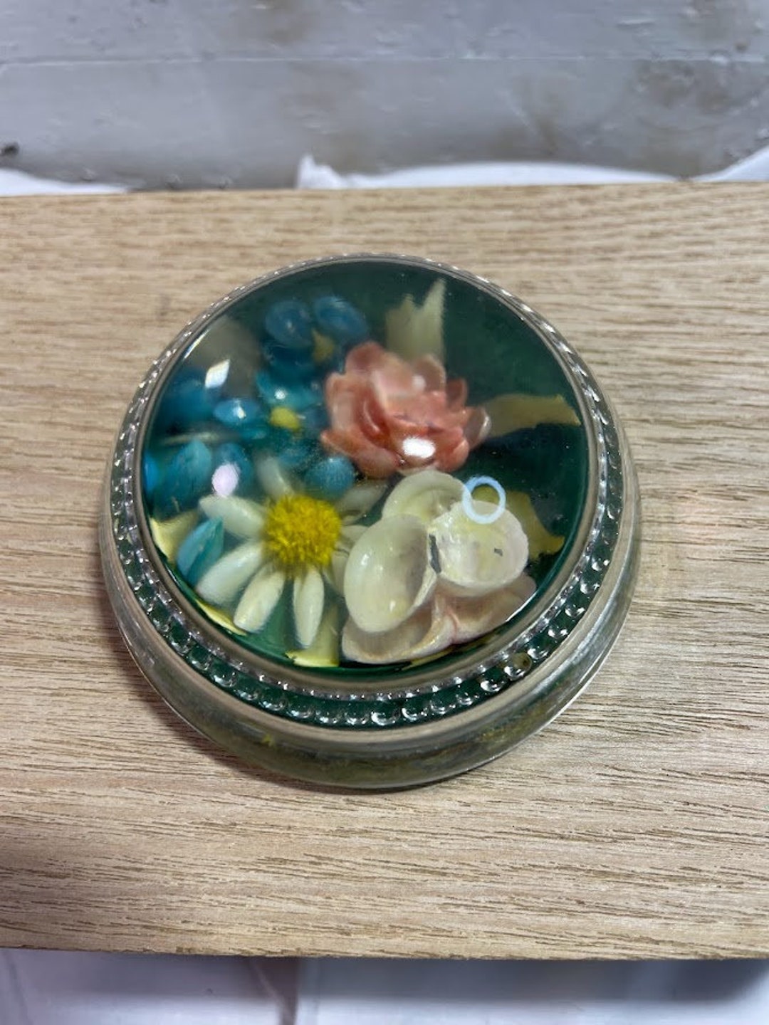 Flowers Made of Shells Under Glass? Lucite? Paperweight Floral Domed ...