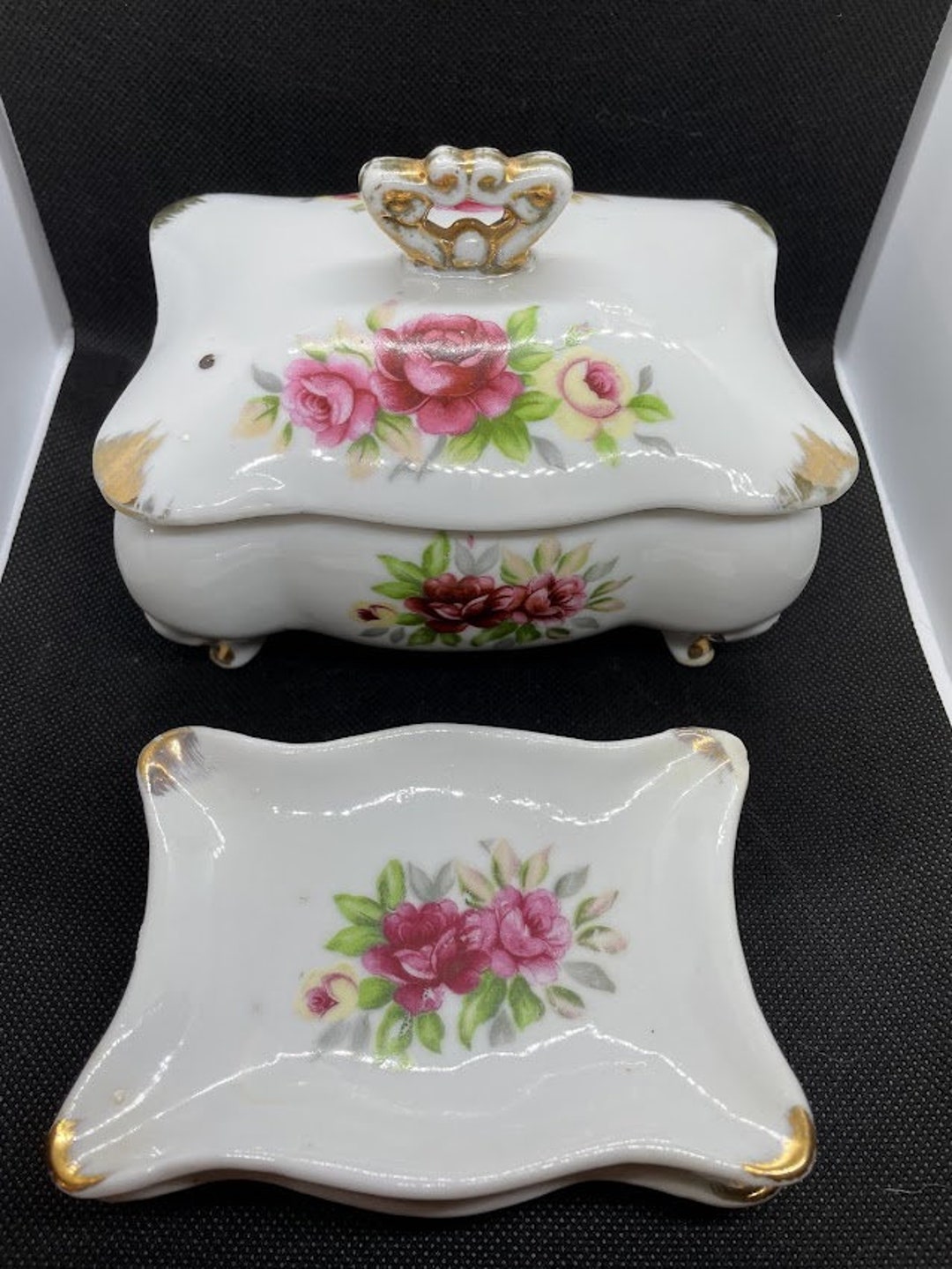 Vintage Pink Rose Cigarette Trinket Box With 2 Personal Ashtrays ...