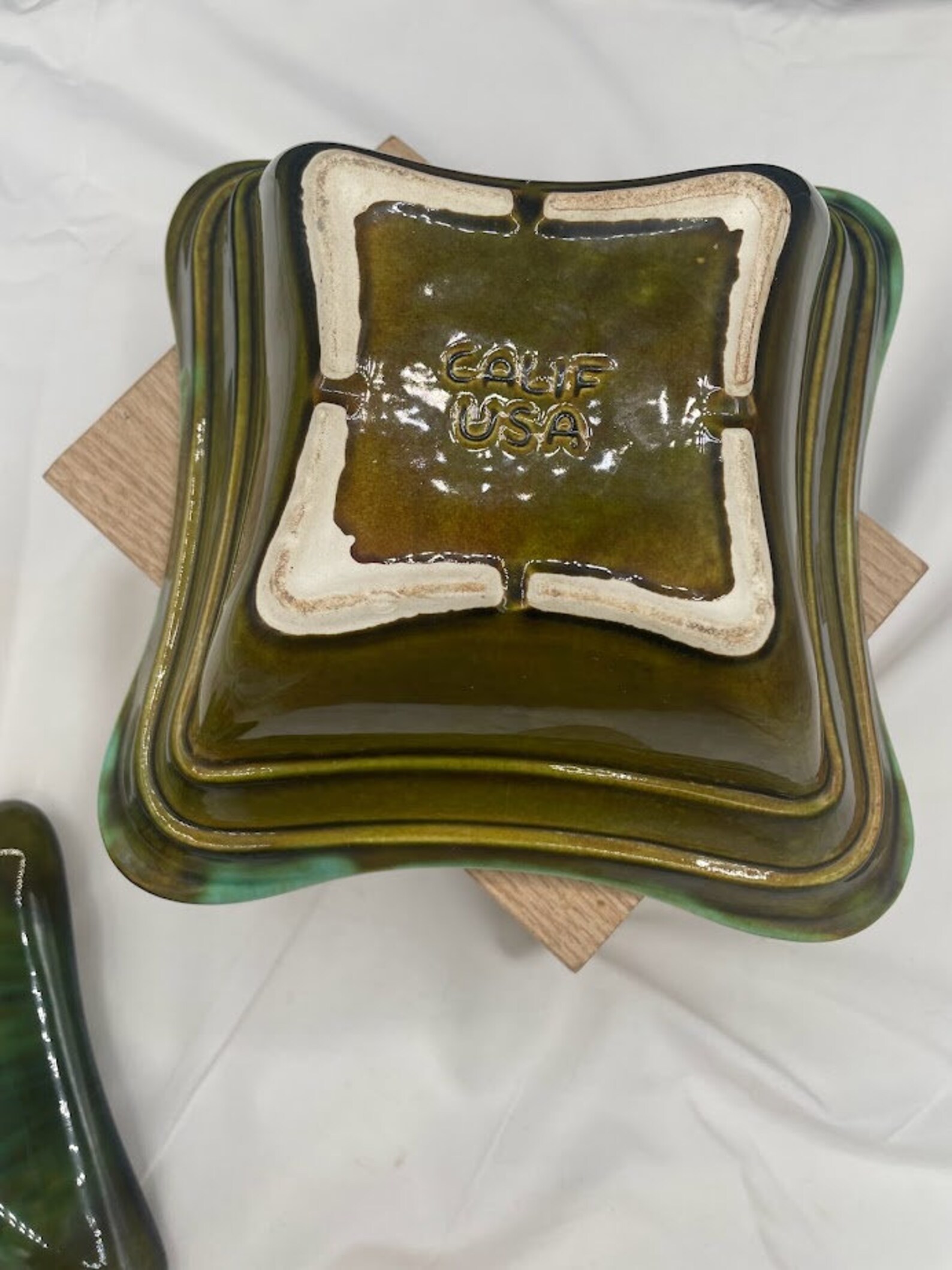 California Pottery Avocado Green Turquoise Drip Glaze Apple Handle ...