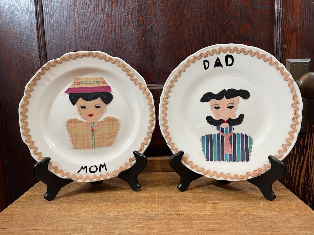 Vintage Mom and Dad Fabric Cutout on White Plates 1950s or 1960s Hand ...