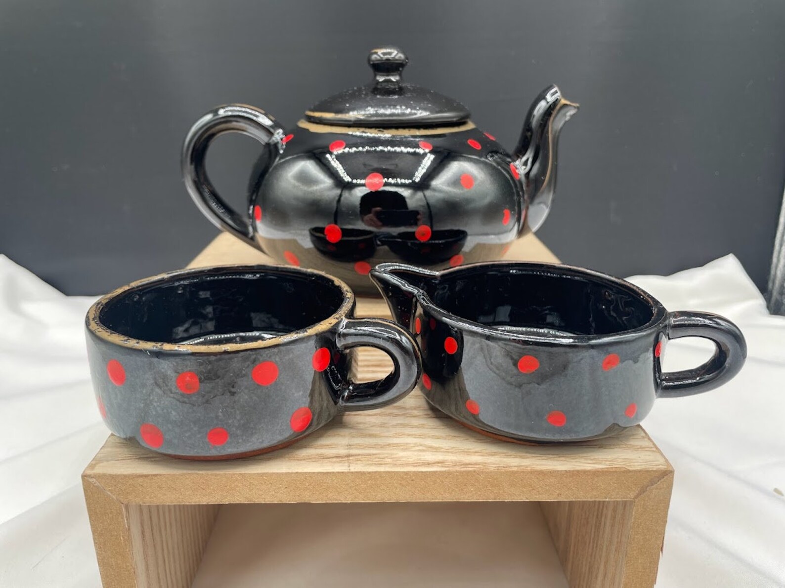Redware Pottery Vintage Black Red Polka Dots Tea Set Tea Pot Creamer ...
