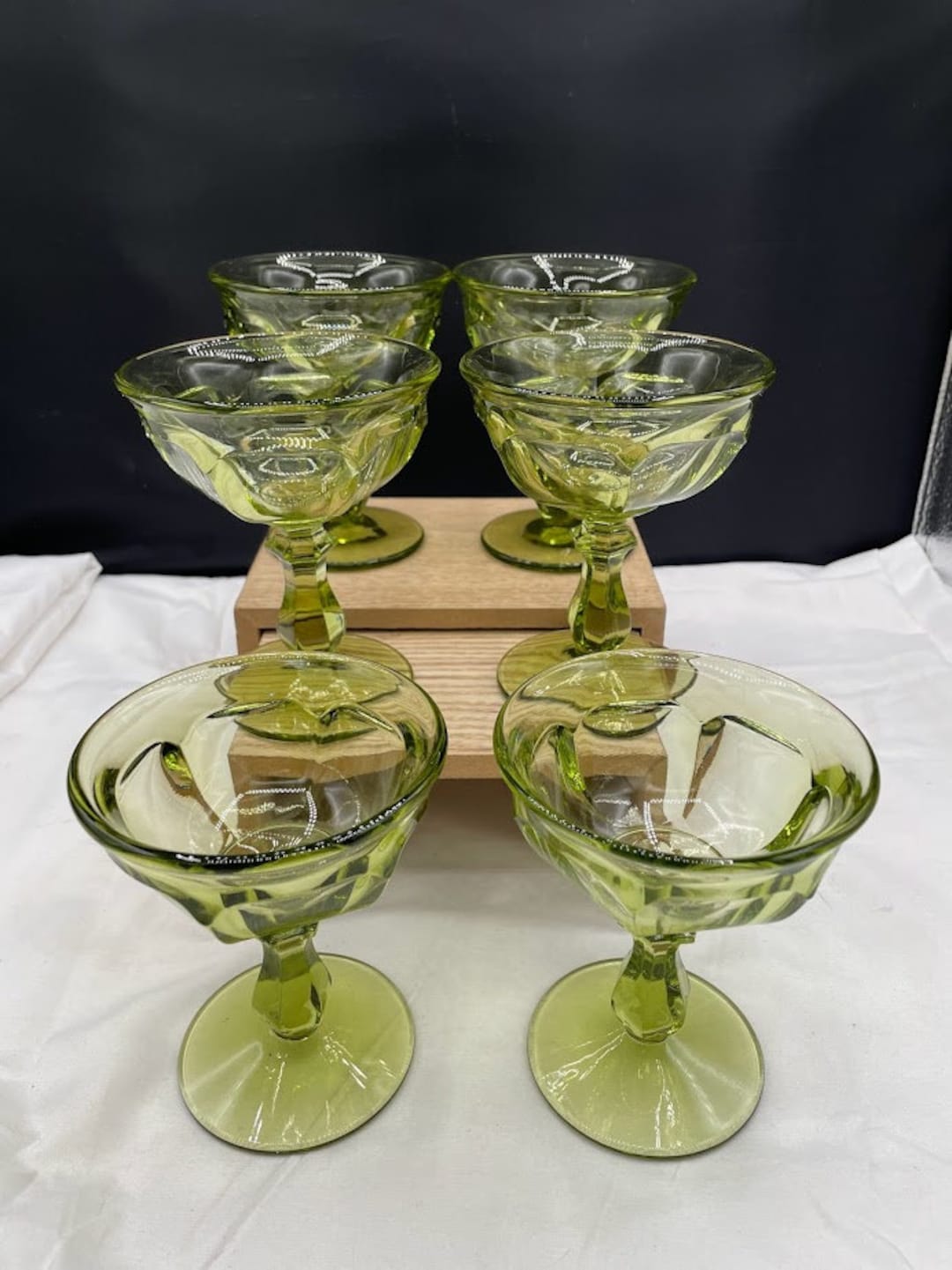 Set of 6 Green Glass Dessert Fruit Pedestal Cups Bowls Vintage Green ...