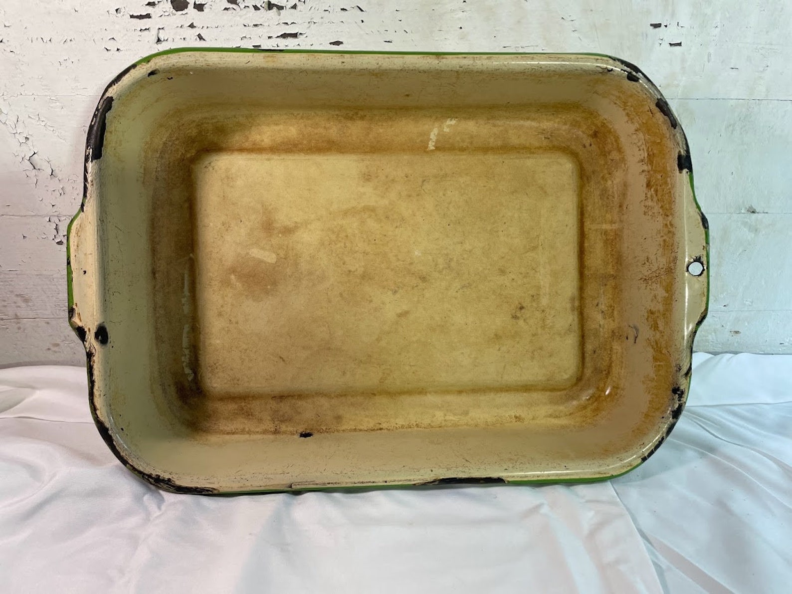 Vintage Beige With Green Trim Enameled Shallow Rectangle Pan Dish Heavy ...