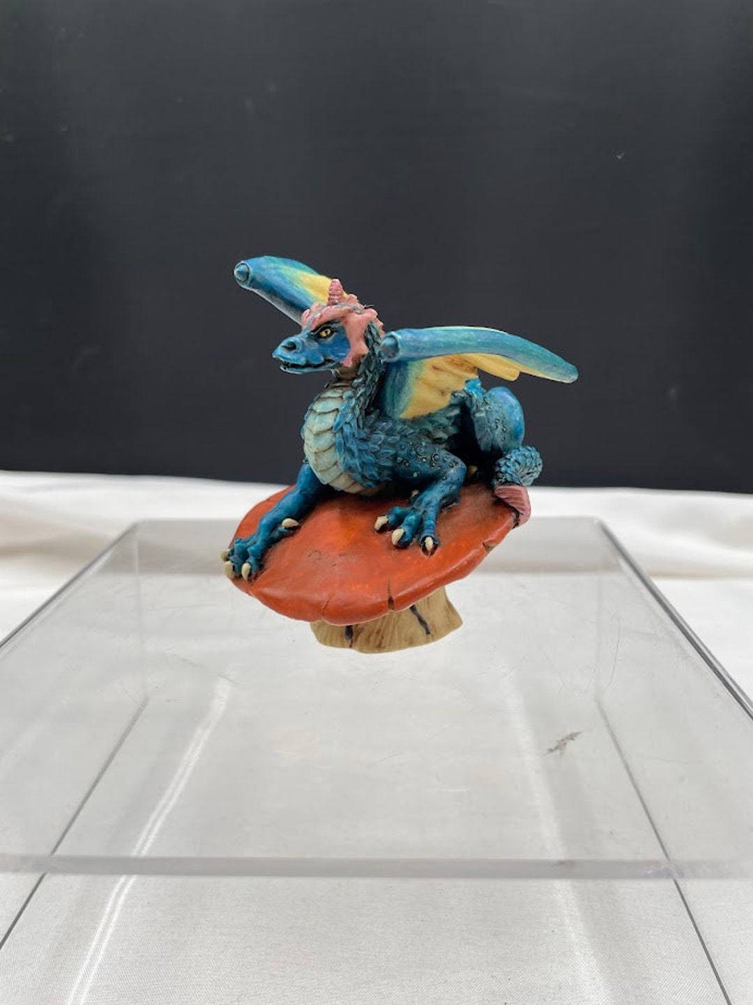 1997 WUI Small Resin Blue Yellow Dragon on an Orange Mushroom Toadstool ...