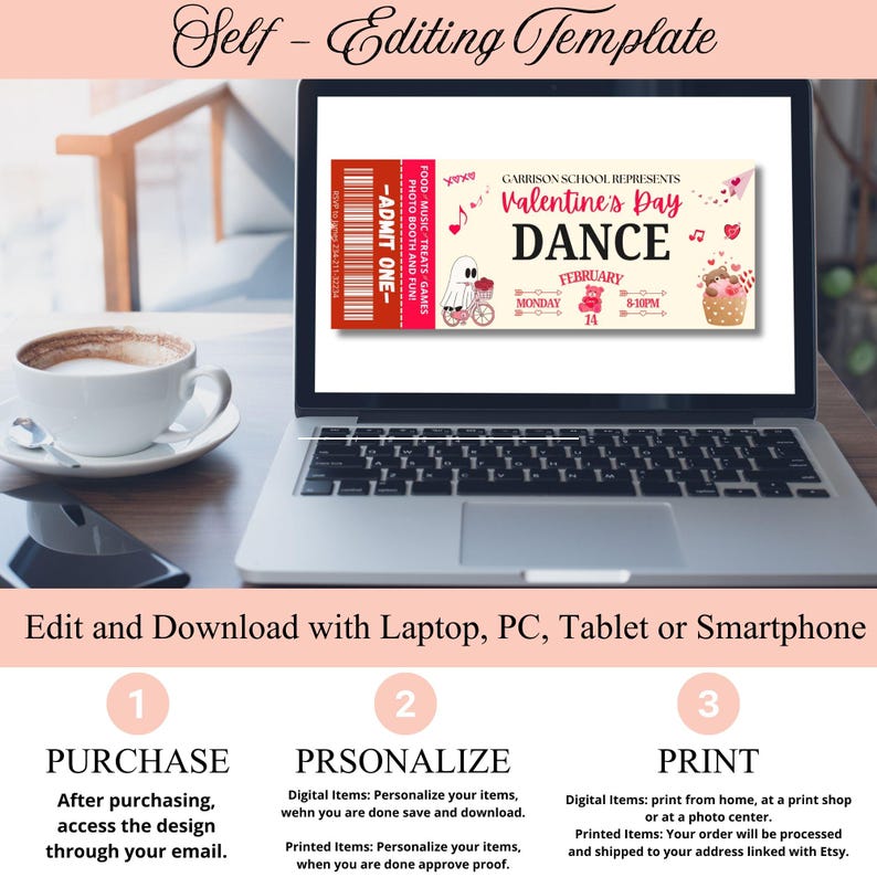 Editable Valentine's Day Dance Ticket Template, Valentines School Dance ...